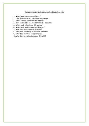 Non-communicable disease KS4 worksheet questions only | Teaching Resources