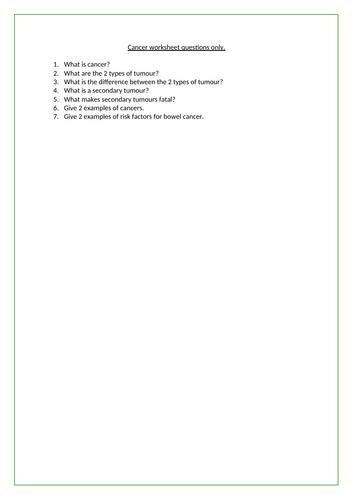 Cancer KS4 worksheet questions only | Teaching Resources