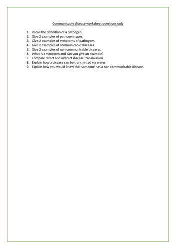 Communicable disease KS4 worksheet questions only | Teaching Resources