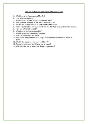 Viral and bacterial diseases KS4 worksheet questions only | Teaching ...