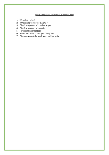 Fungi and protist KS4 worksheet questions only | Teaching Resources