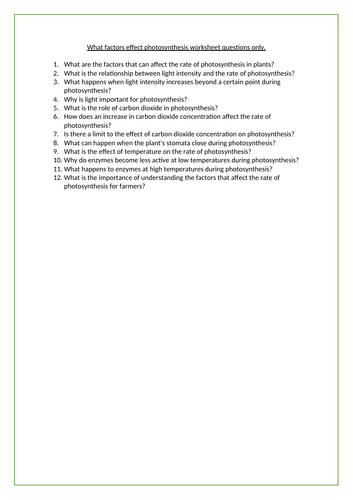 Factors effecting photosynthesis KS4 worksheet questions only ...