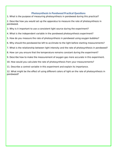 Photosynthesis RP KS4 worksheet questions only | Teaching Resources