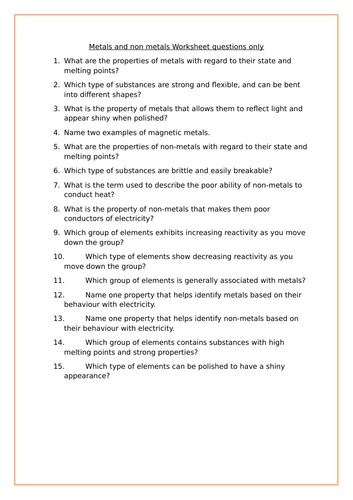 Metals and non metals KS4 worksheet questions only | Teaching Resources