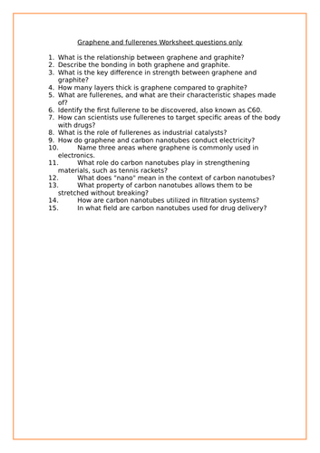 Graphene and fullerenes KS4 worksheet questions only | Teaching Resources