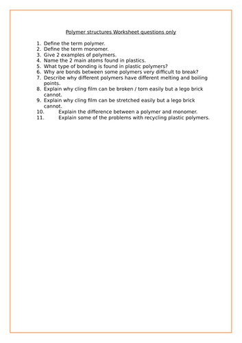 Polymer structures KS4 worksheet questions only | Teaching Resources