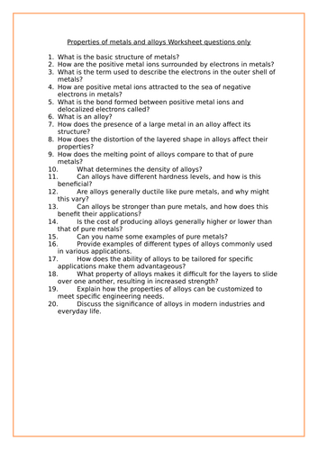Properties of metals and alloys KS4 worksheet questions only | Teaching ...