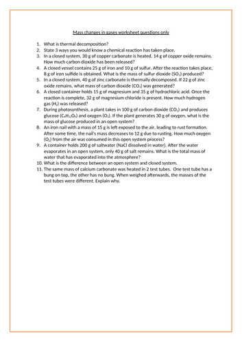 Mass changes in gases KS4 worksheet questions only | Teaching Resources