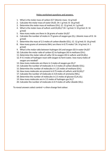 Moles KS4 worksheet questions and answers | Teaching Resources