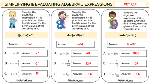 Simplify & Evaluate Algebraic Expressions- 12 Cards with 3 subtasks ...