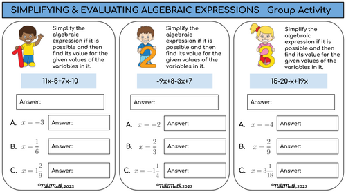 Simplify & Evaluate Algebraic Expressions- 12 Cards with 3 subtasks ...