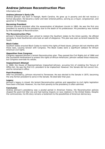 Andrew Johnson Reconstruction Plan | Teaching Resources