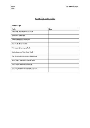 AQA GCSE Psychology: Memory Pre-reading Question Pack | Teaching Resources