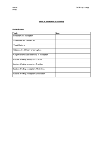 AQA GCSE Psychology: Perception Pre-reading Question Pack | Teaching ...