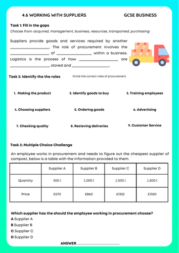 OCR GCSE Business Working with Suppliers Worksheet | Teaching Resources