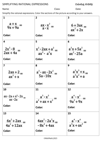 Simplifying Rational Expressions - Coloring Activity | Teaching Resources