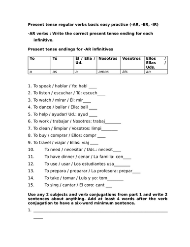 Present tense regular verbs basic easy practice (-AR, -ER, -IR ...