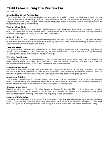 Child Labor during the Puritan Era | Teaching Resources