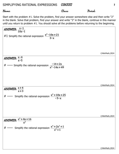 Simplifying Rational Expressions - Circuit (12 problems) | Teaching ...