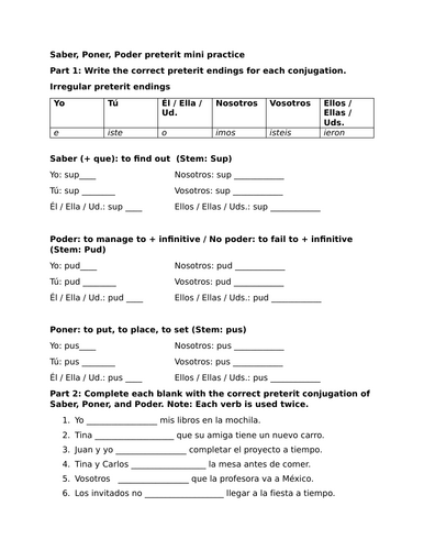 Saber, Poner, Poder preterit mini practice | Teaching Resources