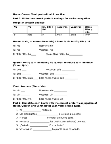 Hacer, Querer, Venir preterit mini practice | Teaching Resources