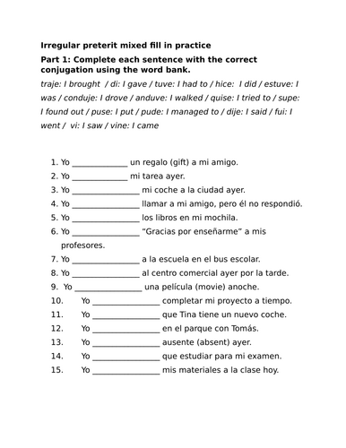 Irregular preterit mixed fill in practice | Teaching Resources