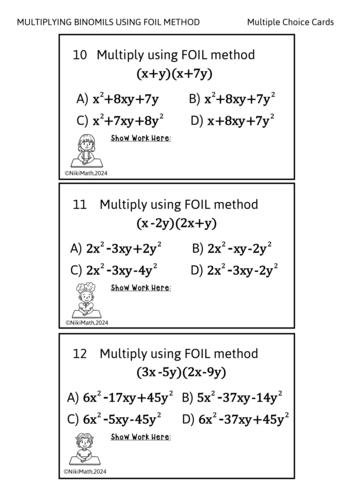 Multiplying Binomials (FOIL Method) - 12 Multiple Choice Task Cards ...