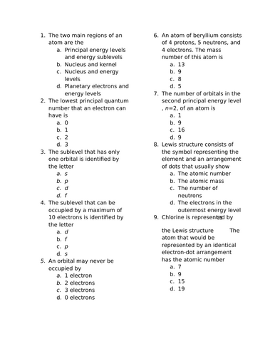 AP Chemistry Atomic Structure Multiple Choice | Teaching Resources