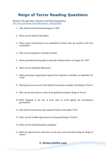 Reign of Terror Reading Questions Worksheet | Teaching Resources