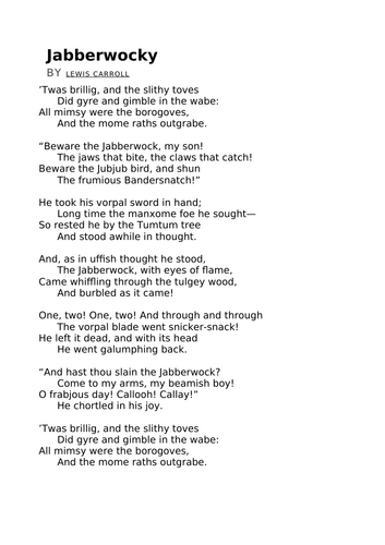 The Jabberwocky- Guided Reading scheme of work with resources ...