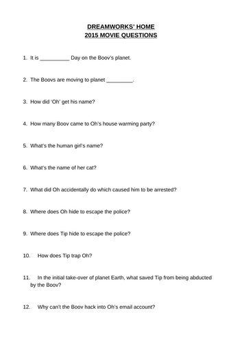 Home (Dreamworks) Movie Guide Questions - UK English | Teaching Resources
