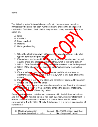 AP Chemistry Bonding Multiple Choice and Activity | Teaching Resources