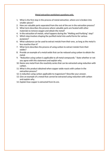 Metal extraction KS4 worksheet questions only | Teaching Resources