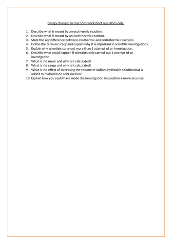 Energy changes in reactions KS4 worksheet questions only | Teaching ...