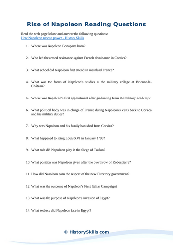 Rise of Napoleon Reading Questions Worksheet | Teaching Resources