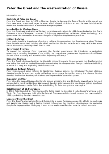 Peter the Great and the westernization of Russia | Teaching Resources