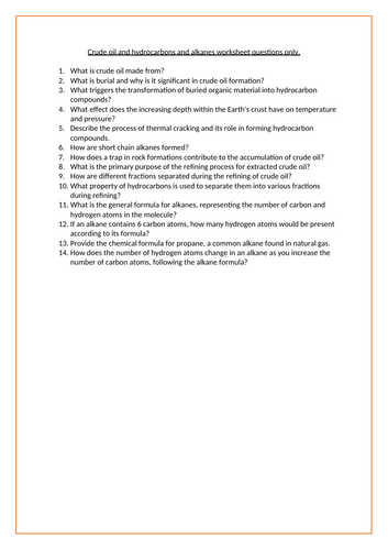 Crude oil, hydrocarbons and alkanes KS4 worksheet questions only ...
