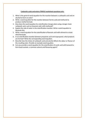 Carboxylic acid and esters KS4 worksheet questions only | Teaching ...