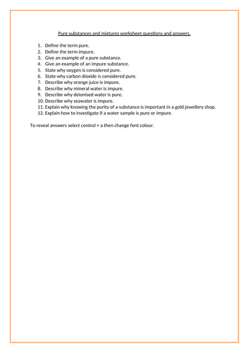 Pure substances and mixtures KS4 worksheet questions and answers ...
