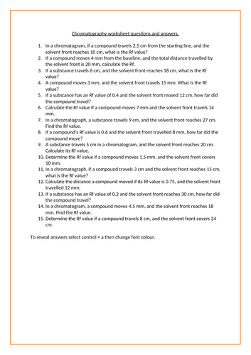 Chromatography KS4 worksheet questions and answers | Teaching Resources