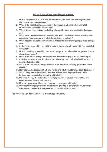 Gas testing KS4 worksheet questions and answers | Teaching Resources