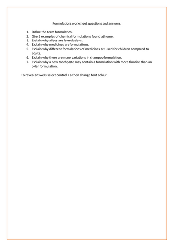 Formulations KS4 worksheet questions and answers | Teaching Resources