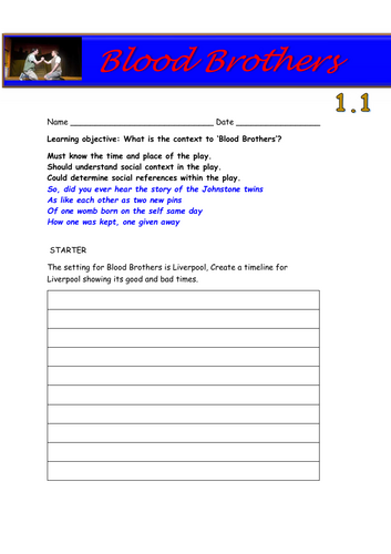 Blood Brothers Worksheets (Functional Skills L1) | Teaching Resources