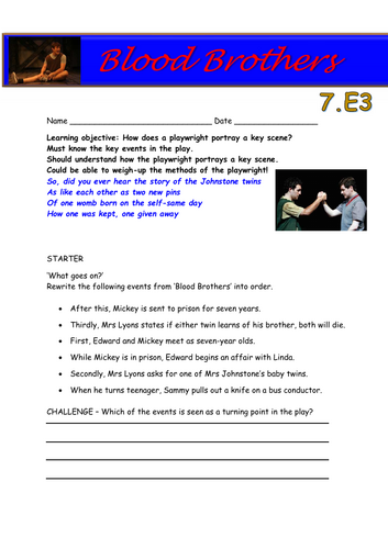 Blood Brothers Worksheets (Functional Skills E3) | Teaching Resources