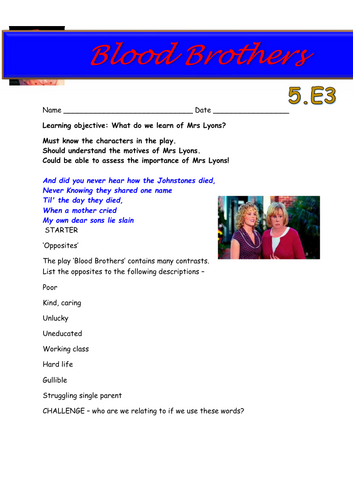 Blood Brothers Worksheets (Functional Skills E3) | Teaching Resources