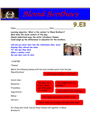 Blood Brothers Worksheets (Functional Skills E3) | Teaching Resources