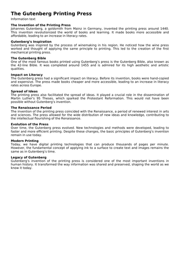 The Gutenberg Printing Press | Teaching Resources