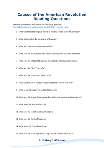 Causes of the American Revolution Reading Questions Worksheet ...