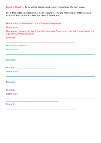 Identifying features of a diary entry | Teaching Resources