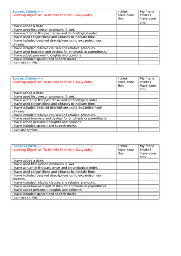 Diary Entry Differentiated Success Criteria - Year 5 | Teaching Resources